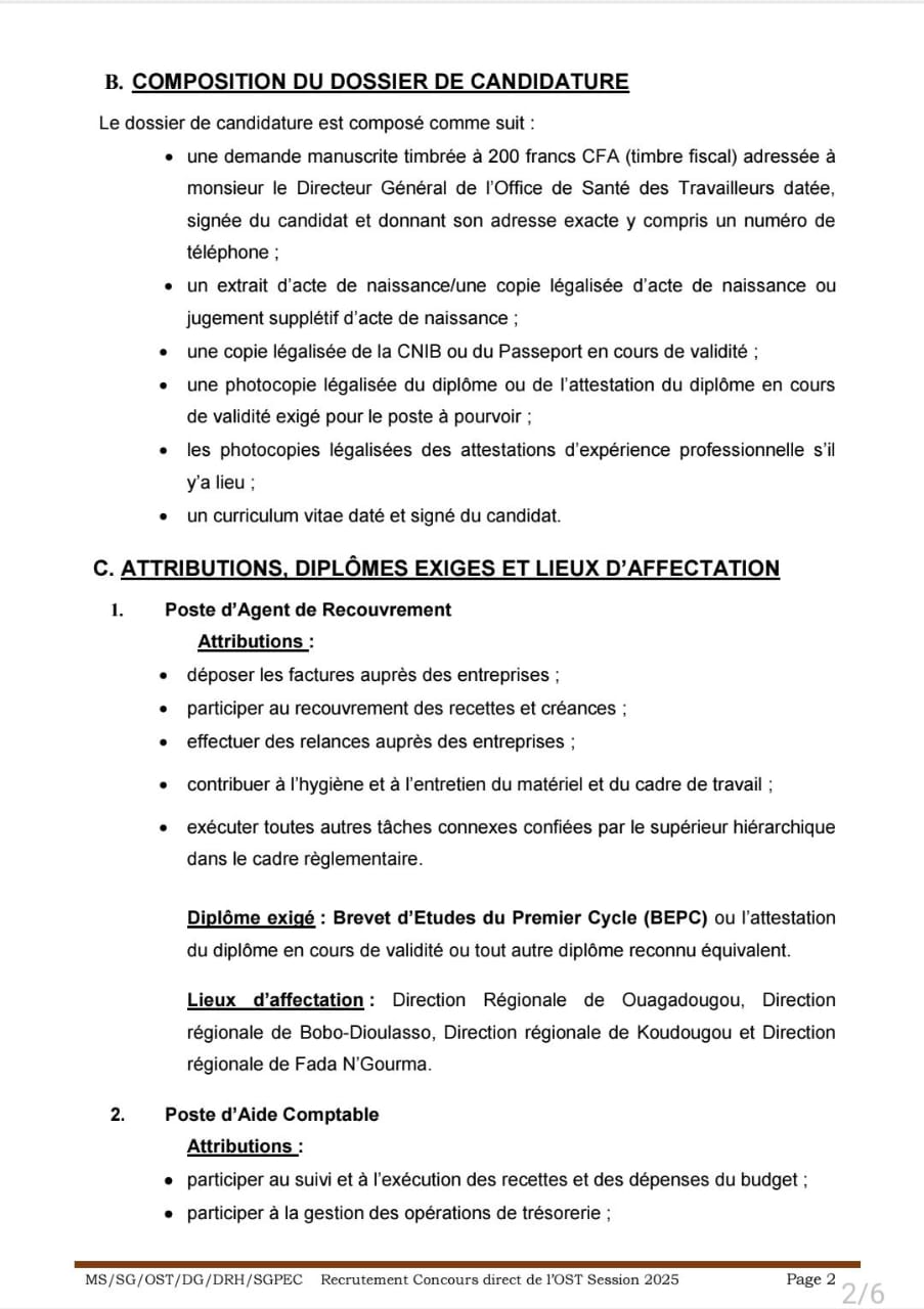 Recrutement de : Onze (11) Agents de Recouvrement, Huit (08) Aides ...